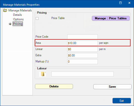 Pricing Materials using Area Rates