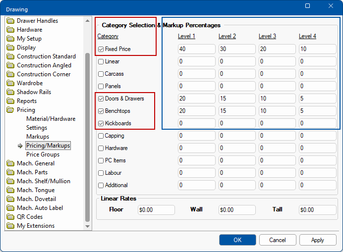 Pricing/Markups page
