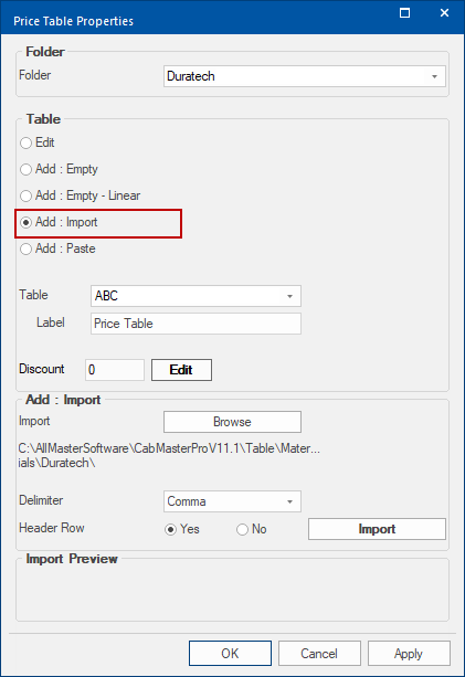Add/Import Price Tables